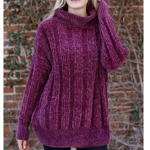 Zenana Outfitters | Sweaters | New Plum Chenille Cowl Neck Oversized ...